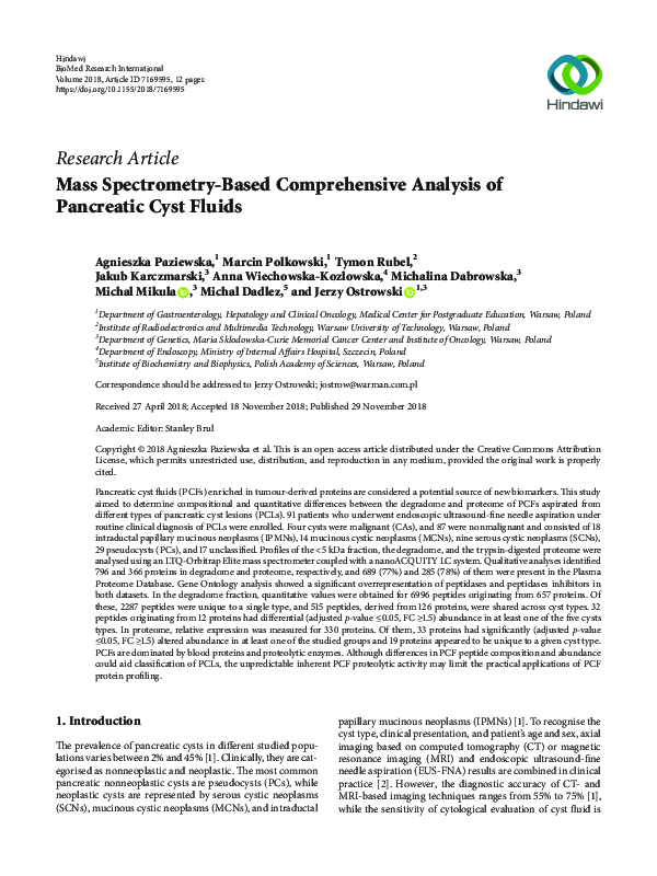 (PDF) Mass Spectrometry-Based Comprehensive Analysis of Pancreatic Cyst ...