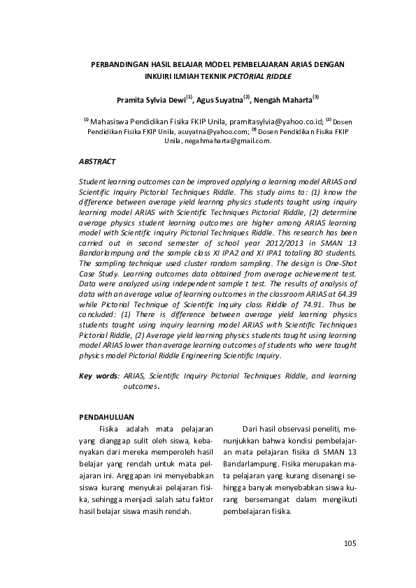(PDF) Perbandingan Hasil Belajar Model Pembelajaran Arias Dengan Inkuiri Ilmiah Teknik Pictorial ...