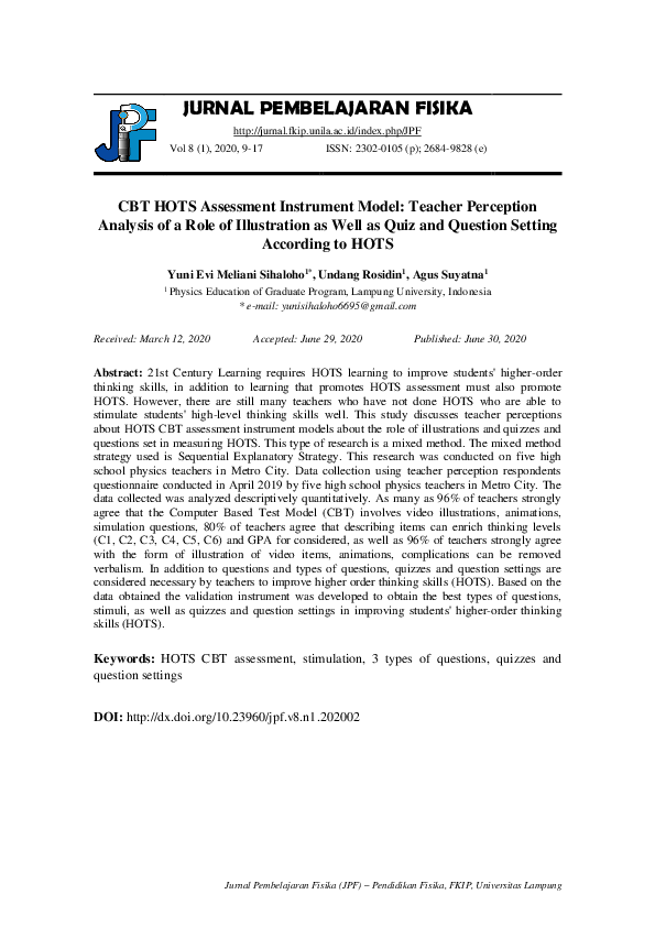 (PDF) CBT HOTS Assessment Instrument Model: Teacher Perception Analysis ...