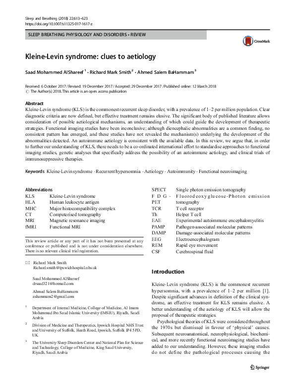 (PDF) Kleine-Levin syndrome: clues to aetiology
