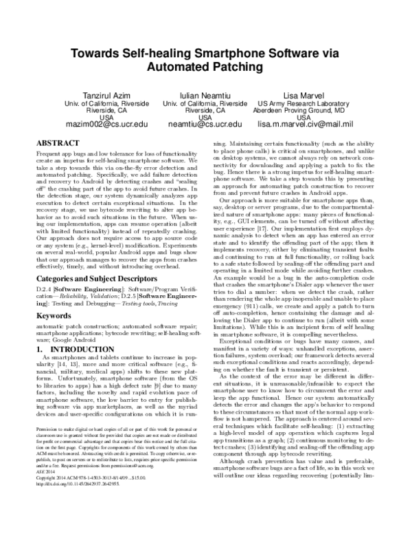 (PDF) Towards self-healing smartphone software via automated patching | Tanzirul Azim - Academia.edu