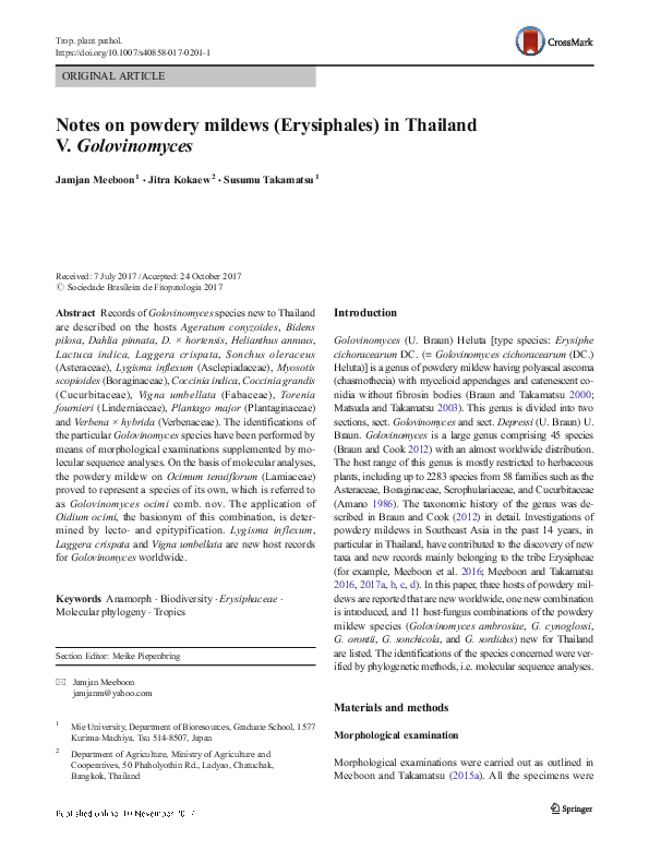 Notes on powdery mildews (Erysiphales) in Thailand IV. Erysiphe species ...