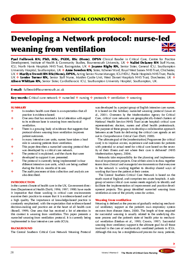 (PDF) Developing a Network protocol: nurse-led weaning from ventilation