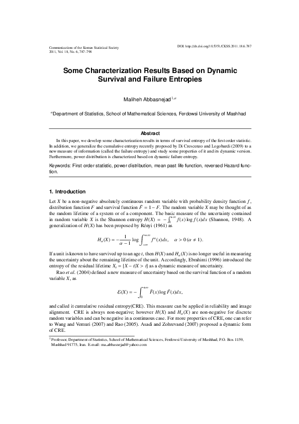 (PDF) Some Characterization Results Based on Dynamic Survival and Failure Entropies