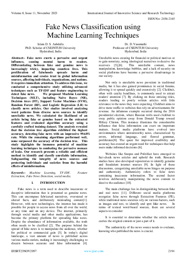 (PDF) Fake News Classification using Machine Learning Techniques