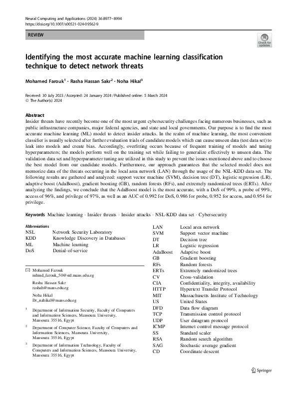 Pdf Identifying The Most Accurate Machine Learning Classification Technique To Detect Network
