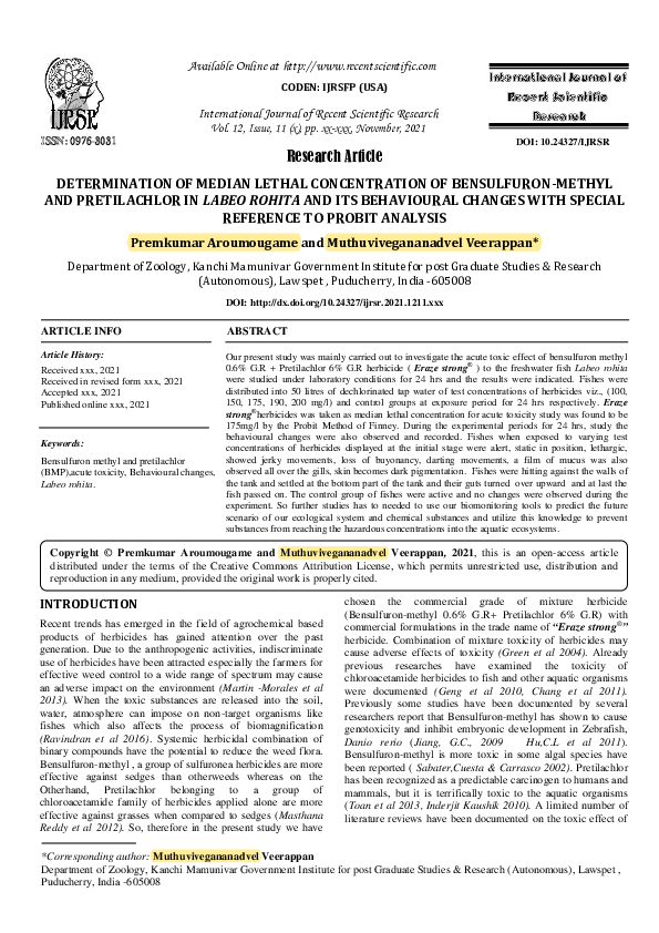 (PDF) DETERMINATION OF MEDIAN LETHAL CONCENTRATION OF BENSULFURON-METHYL AND PRETILACHLOR IN ...
