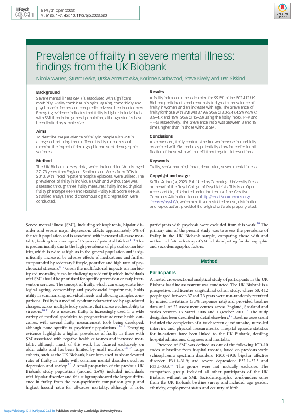 (PDF) Prevalence of frailty in severe mental illness: findings from the ...