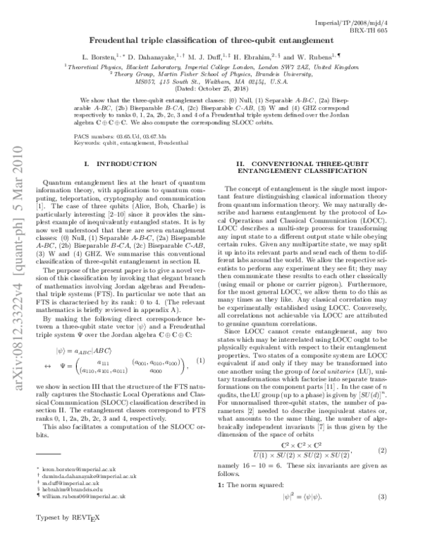 (PDF) Freudenthal triple classification of three-qubit entanglement