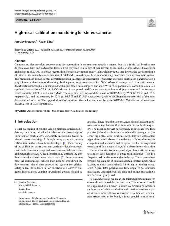 (PDF) High-recall calibration monitoring for stereo cameras