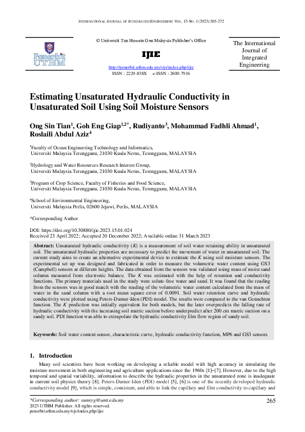 (PDF) Estimating Unsaturated Hydraulic Conductivity in Unsaturated Soil Using Soil Moisture Sensors