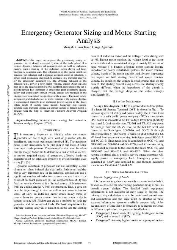(PDF) Emergency Generator Sizing and Motor Starting Analysis