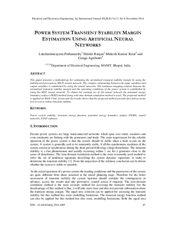 (PDF) Power System Transient Stability Margin Estimation using Artificial Neural Networks ...