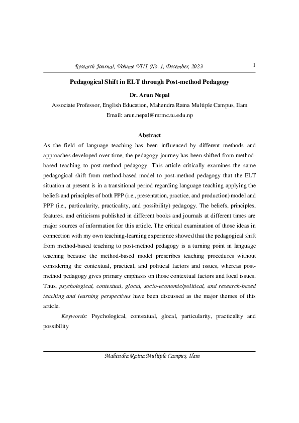 (PDF) Shifting to Post-Method Pedagogy in ELT