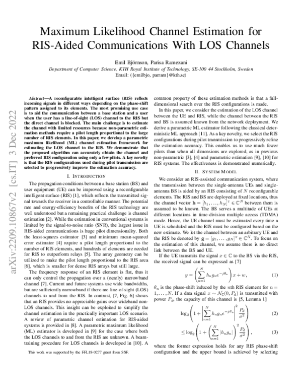 (PDF) Maximum Likelihood Channel Estimation for RIS-Aided Communications with LOS Channels
