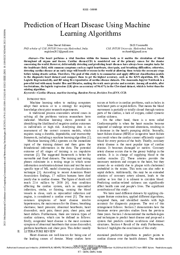 (PDF) Prediction of Heart Disease Using Machine Learning Algorithms