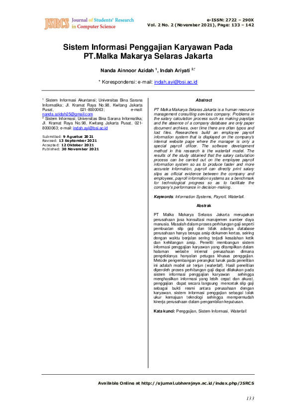 (PDF) Sistem Informasi Penggajian Karyawan Pada PT.Malka Makarya Selaras Jakarta