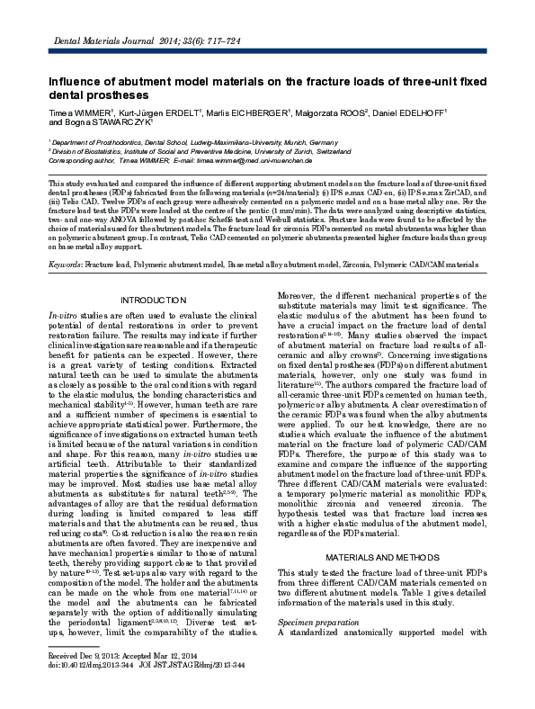 (PDF) Influence of abutment model materials on the fracture loads of ...