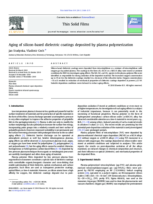 (PDF) Aging of silicon-based dielectric coatings deposited by plasma ...