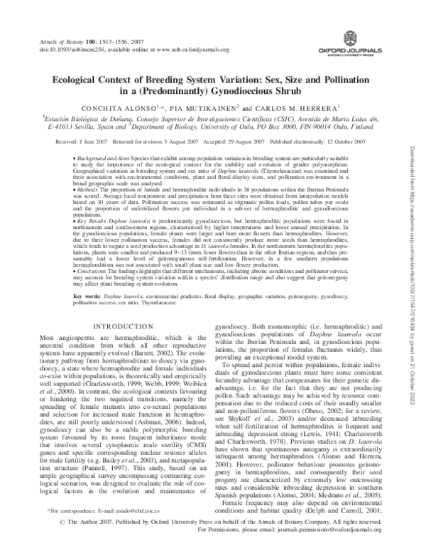 (PDF) Ecological Context of Breeding System Variation: Sex, Size and ...