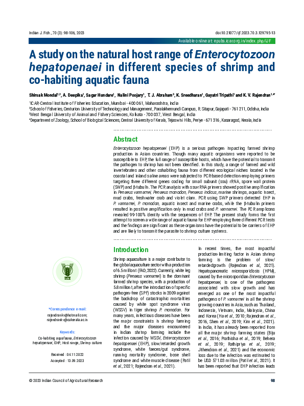 (PDF) A study on the natural host range of Enterocytozoon hepatopenaei ...