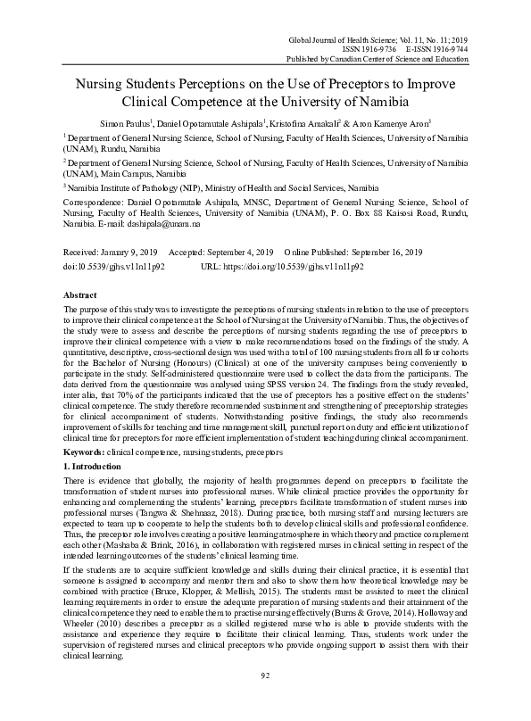 (PDF) Nursing Students Perceptions on the Use of Preceptors to Improve Clinical Competence at ...