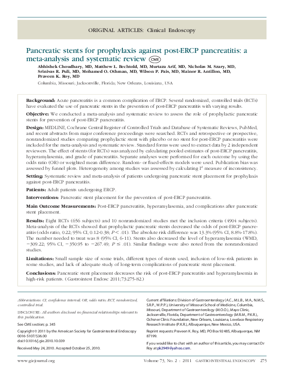 (PDF) Pancreatic stents for prophylaxis against post-ERCP pancreatitis ...
