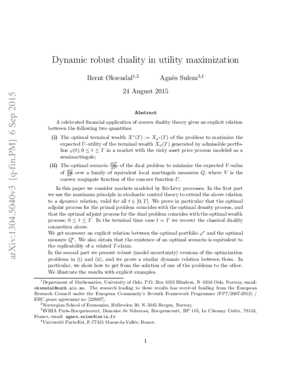 (PDF) Dynamic Robust Duality in Utility Maximization