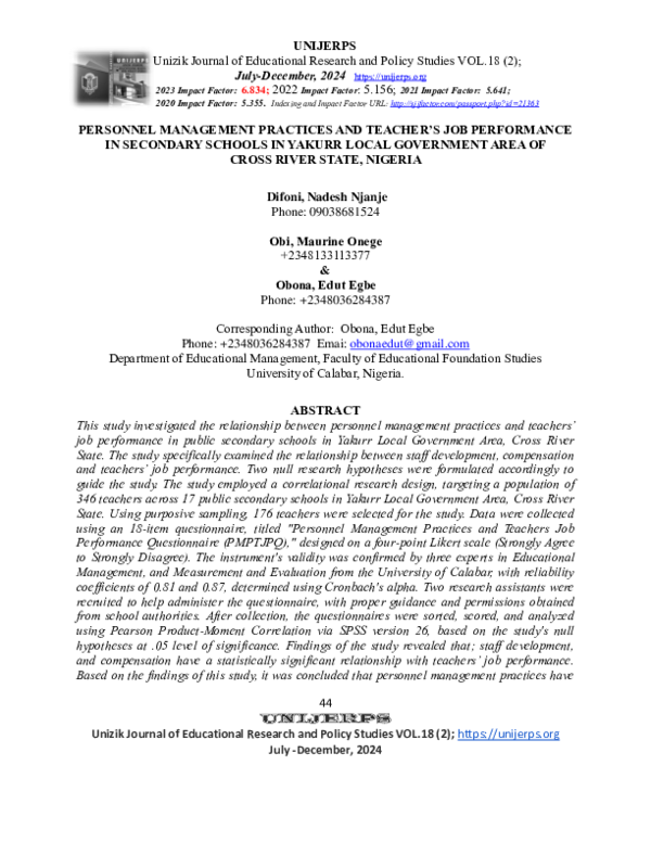 (PDF) PERSONNEL MANAGEMENT PRACTICES AND TEACHER'S JOB PERFORMANCE IN SECONDARY SCHOOLS IN ...