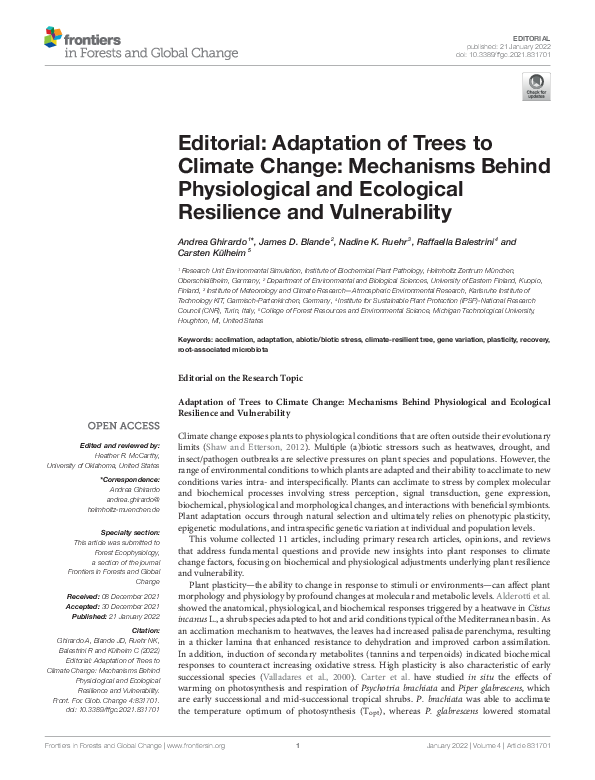 (PDF) Editorial: Adaptation of Trees to Climate Change: Mechanisms ...