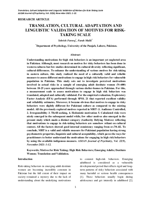Pdf Translation Cultural Adaptation And Linguistic Validation Of Motives For Risk Taking Scale