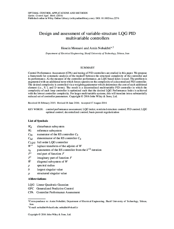 (PDF) Design and assessment of variable-structure LQG PID multivariable controllers