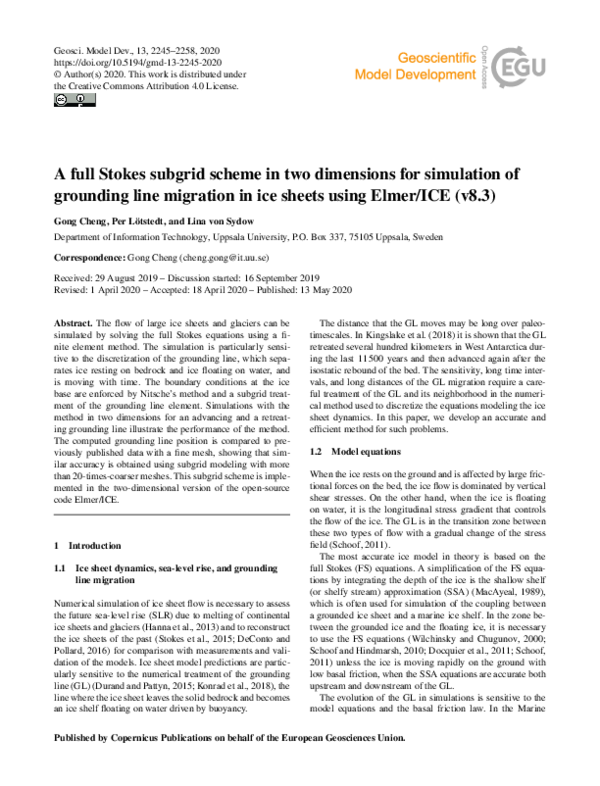 (PDF) A full Stokes subgrid scheme in two dimensions for simulation of grounding line migration ...