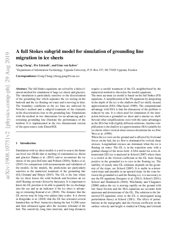 (PDF) A full Stokes subgrid model for simulation of grounding line migration in ice sheets