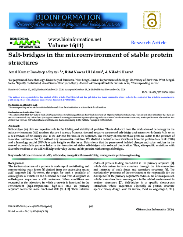 (PDF) Salt-Bridges in the Microenvironment of Stable Protein Structures