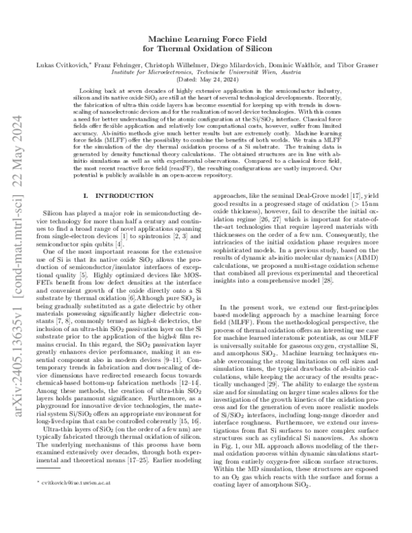 (PDF) Machine Learning Force Field for Thermal Oxidation of Silicon