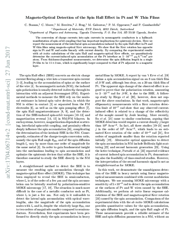(PDF) Magneto-Optical Detection of the Spin Hall Effect in Pt and W Thin Films | Peter Oppeneer ...