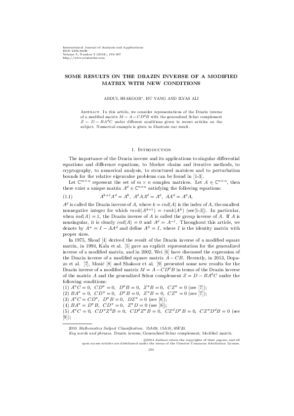 (PDF) Some Results on the Drazin Inverse of a Modified Matrix with New Conditions