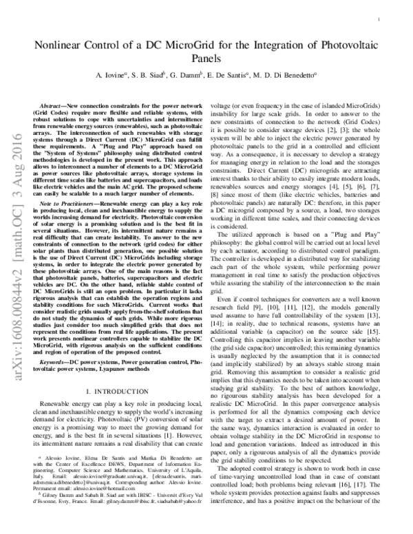 (PDF) Nonlinear Control of a DC MicroGrid for the Integration of Photovoltaic Panels
