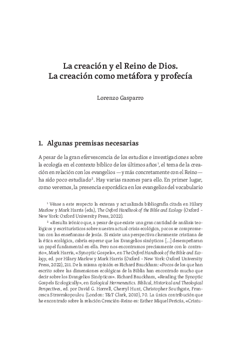 (PDF) L. GASPARRO, “Creación y Reino de Dios: metáfora y profecía”, in ...
