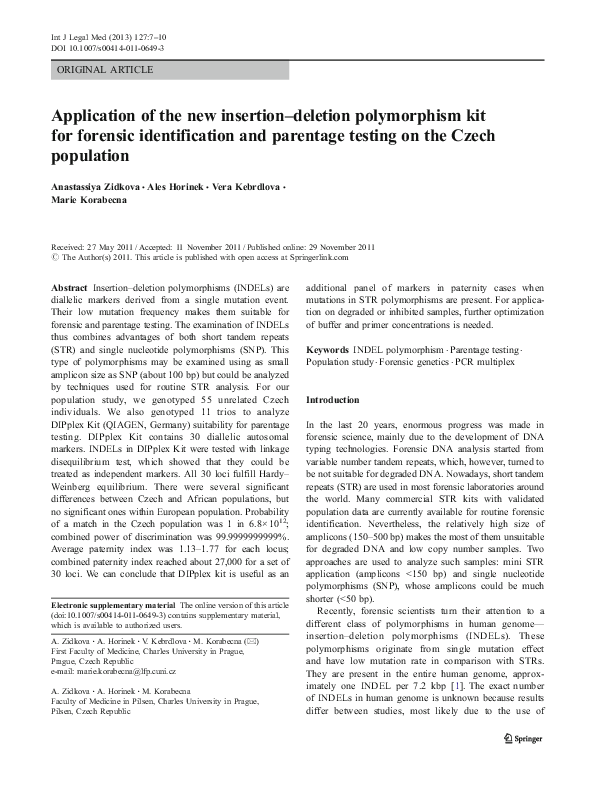 (PDF) Application of the new insertion–deletion polymorphism kit for forensic identification and ...