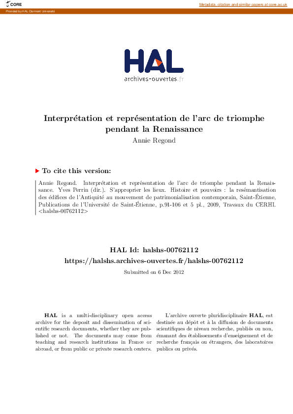 (PDF) Interprétation et représentation de l'arc de triomphe pendant la ...