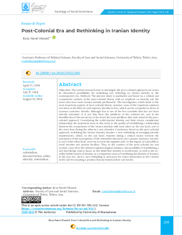 (PDF) Post-Colonial Era and Rethinking in Iranian Identity