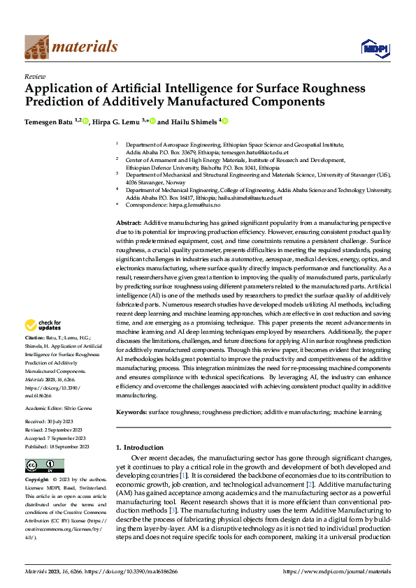 Pdf Application Of Artificial Intelligence For Surface Roughness Prediction Of Additively