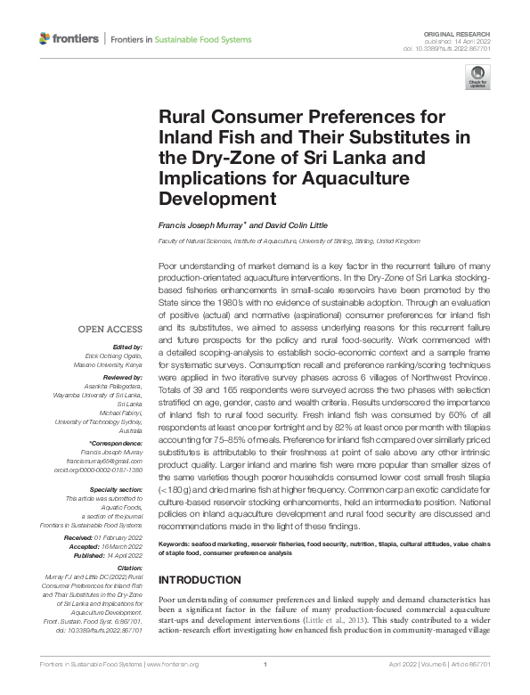 (PDF) Rural Consumer Preferences for Inland Fish and Their Substitutes ...