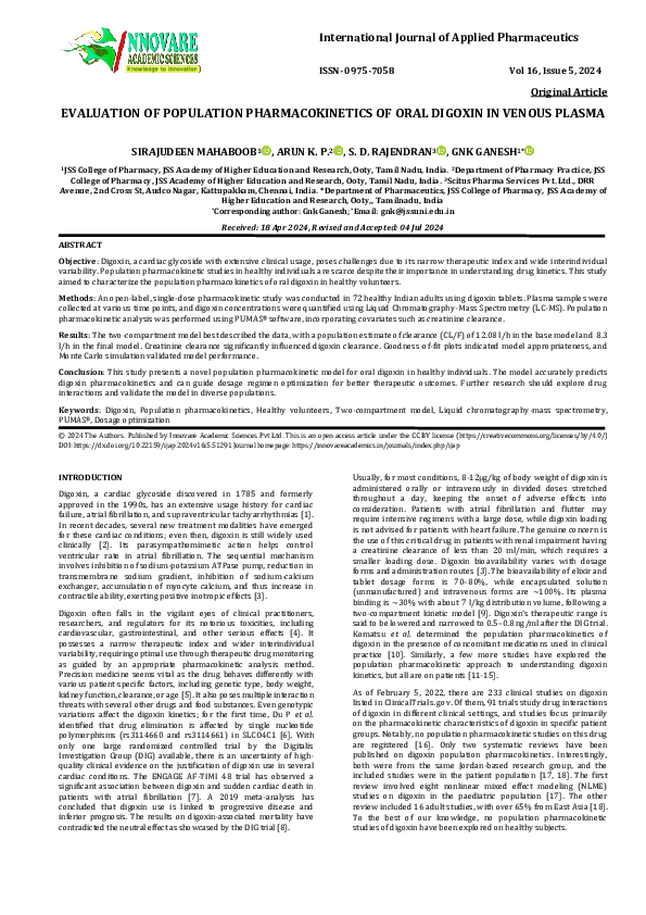(PDF) EVALUATION OF POPULATION PHARMACOKINETICS OF ORAL DIGOXIN IN VENOUS PLASMA