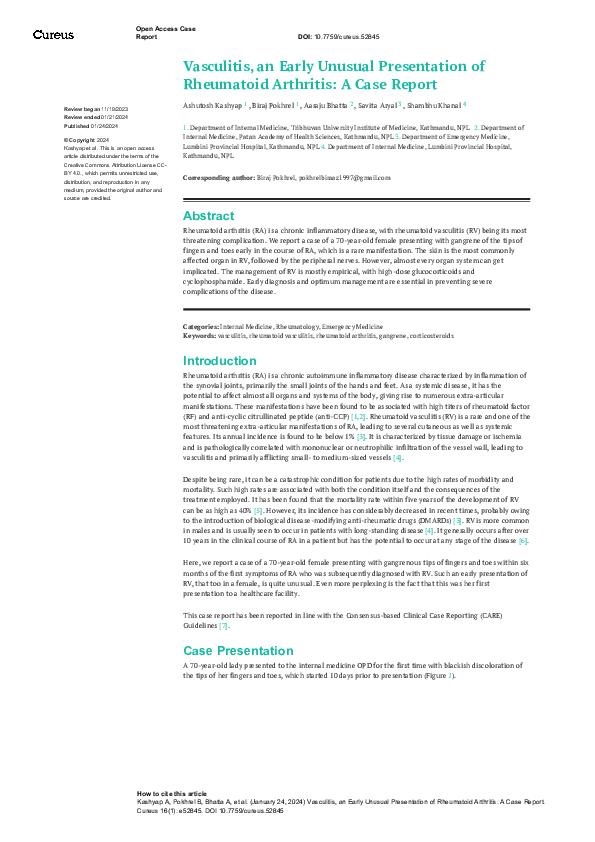 (PDF) Vasculitis, an Early Unusual Presentation of Rheumatoid Arthritis ...