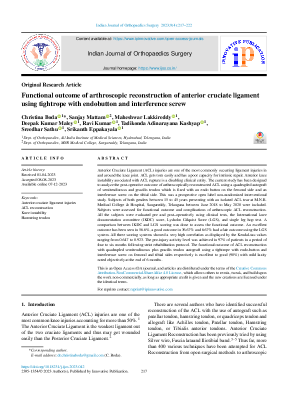 (PDF) Functional outcome of arthroscopic reconstruction of anterior ...