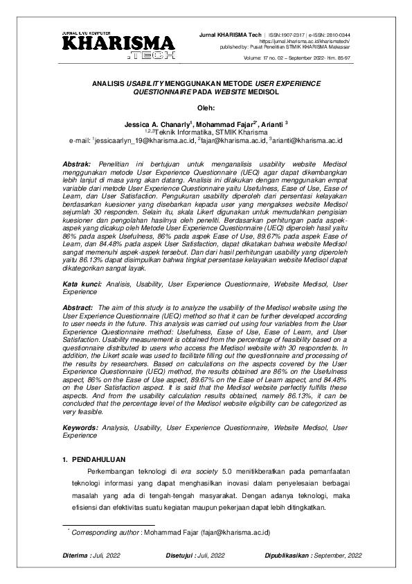 (PDF) Usability Analysis Using User Experience Questionnaire Method on Medisol Website