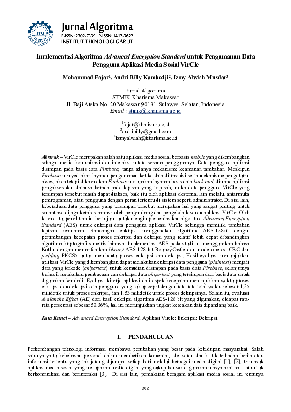 (PDF) Implementasi Algoritma Advanced Encryption Standard untuk Pengamanan Data Pengguna ...
